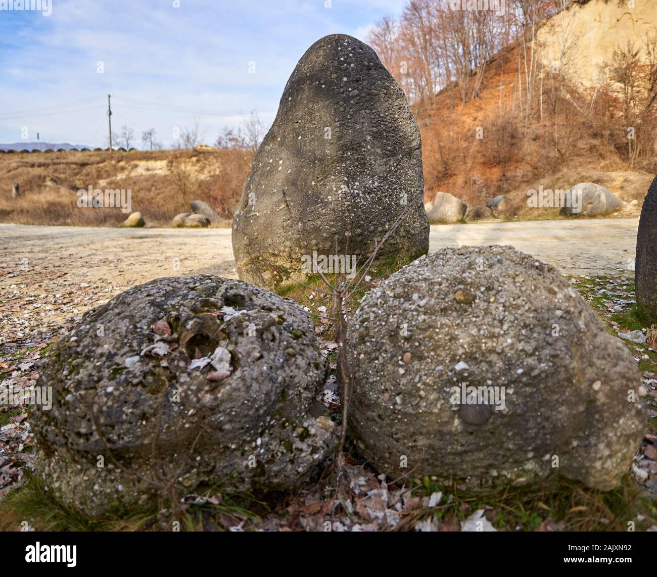 Sedimentary rocks (concretions) in the natural park in Romania Stock ...
