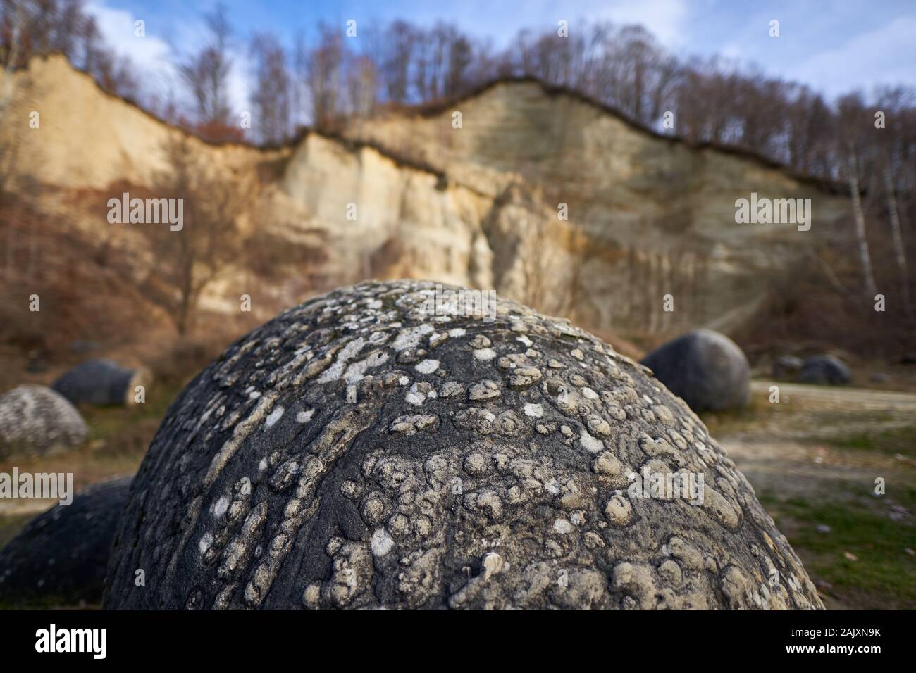 Sedimentary rocks (concretions) in the natural park in Romania Stock ...