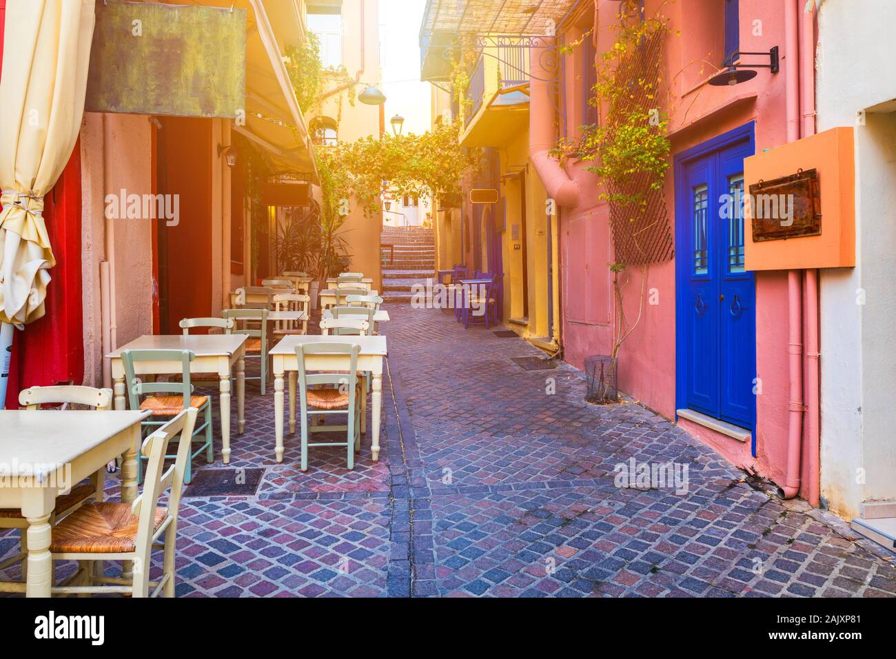 Charming streets of Greek islands, Crete. Street in the old town of ...