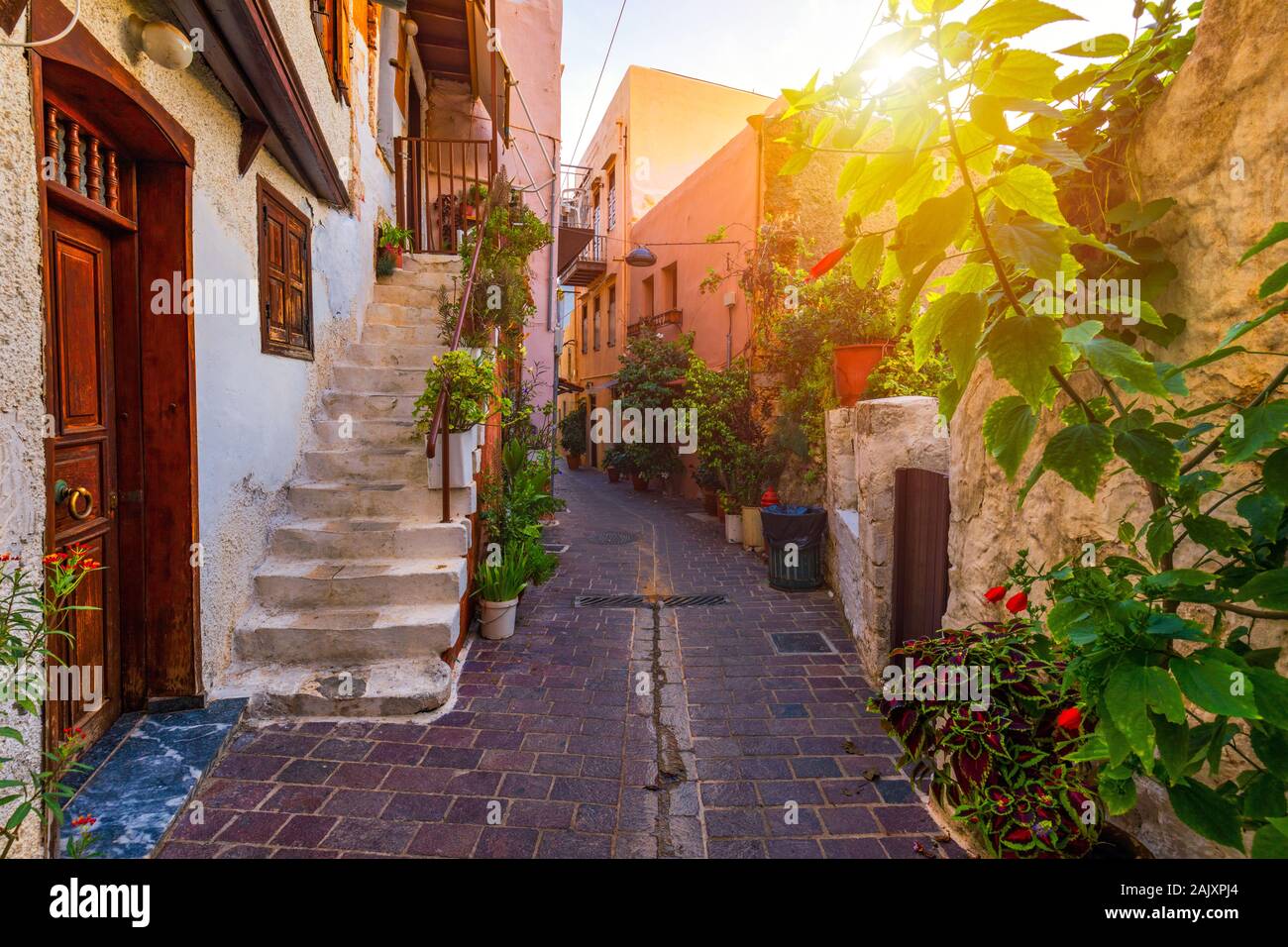 Street in the old town of Chania, Crete, Greece. Charming streets of ...