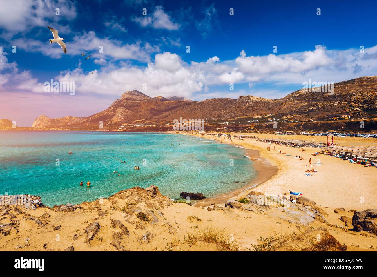 Panorama of turquoise beach Falasarna (Falassarna) in Crete with ...
