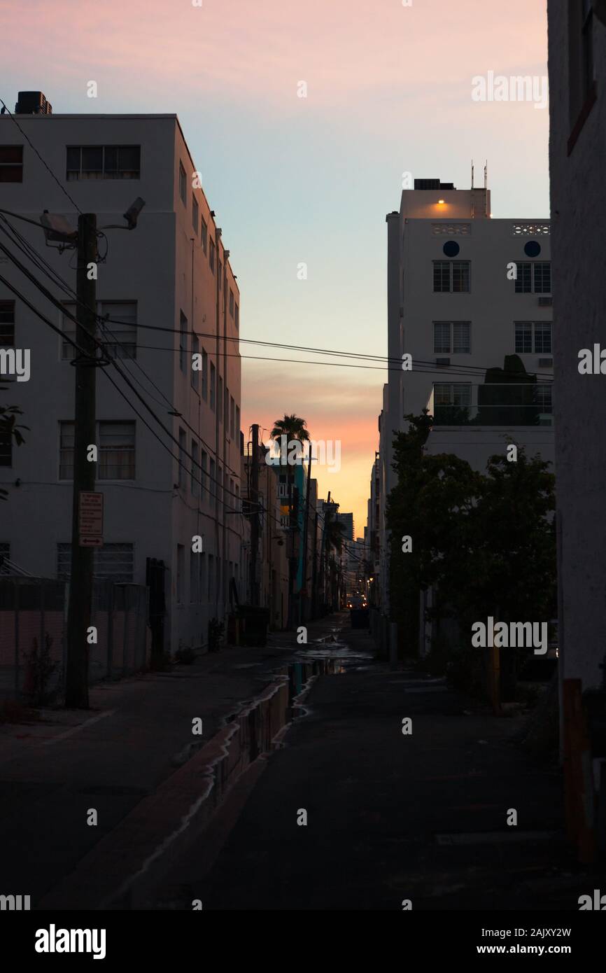 Typical American hidden back alley during an early sunrise in Miami ...