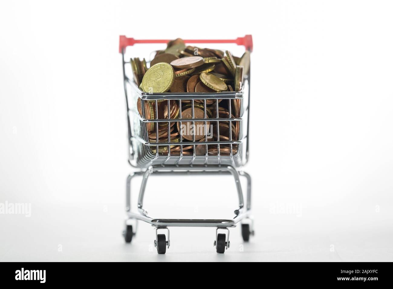 Front View of Tiny Shopping Trolley Full of Euro Coins on White Stock ...