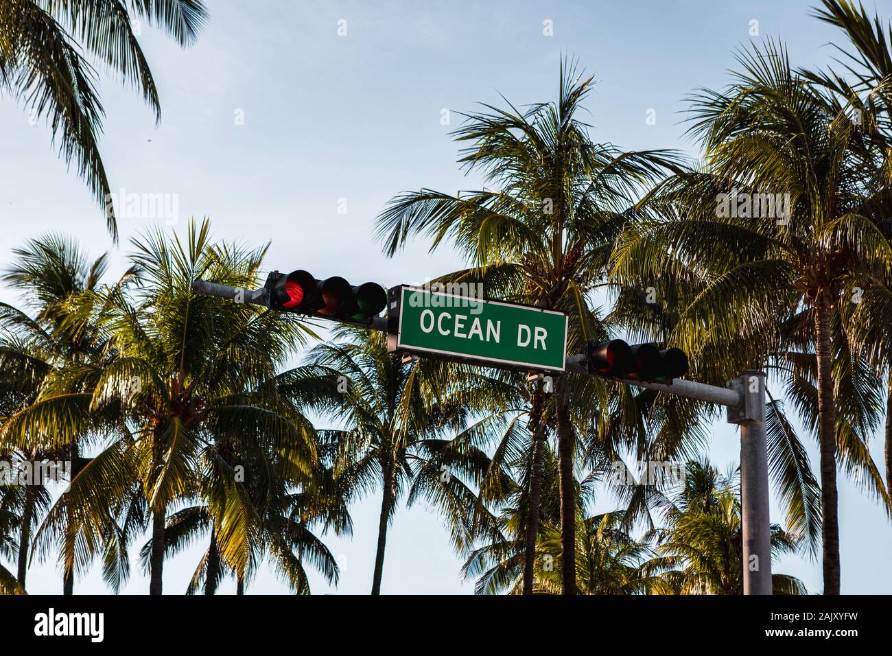 Iconic Ocean Drive sign on a traffic light in South Miami Beach with ...