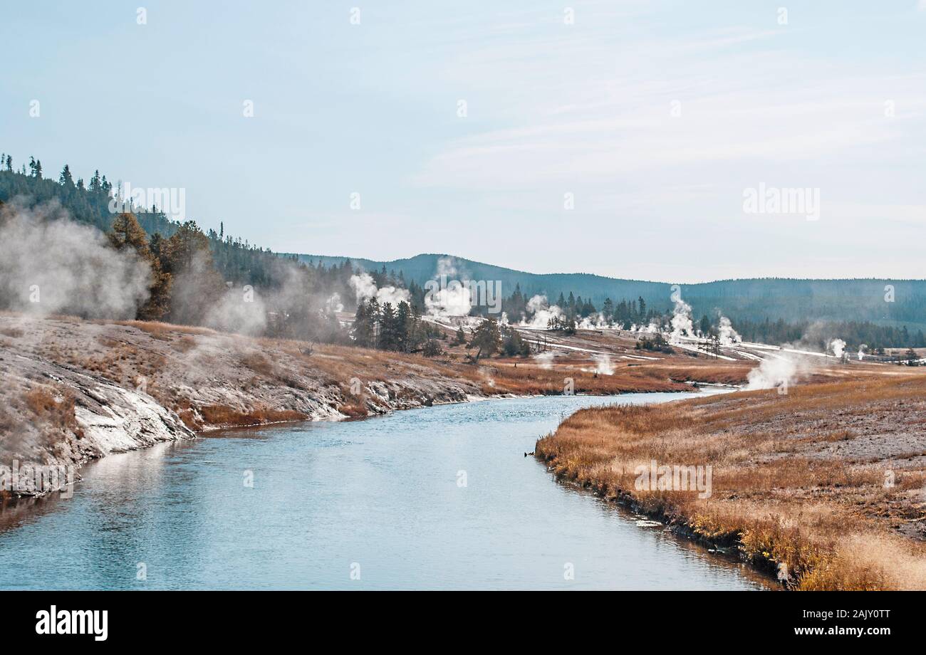 River with steam from hot springs in the background Stock Photo - Alamy