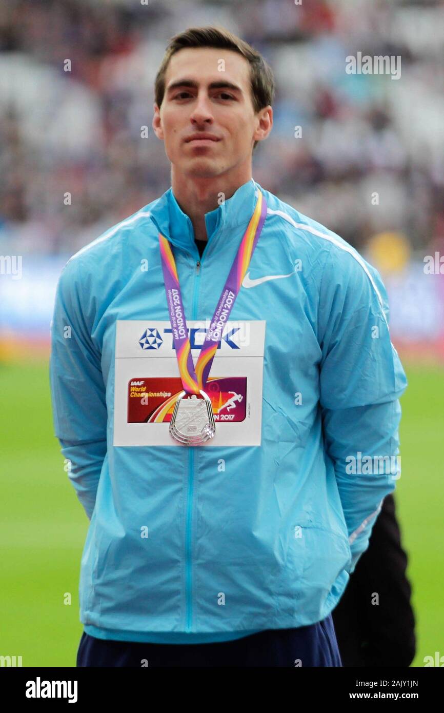 Sergey Shubenkov (ANA) at the 110m Hurdles Podium at the IAAF World ...