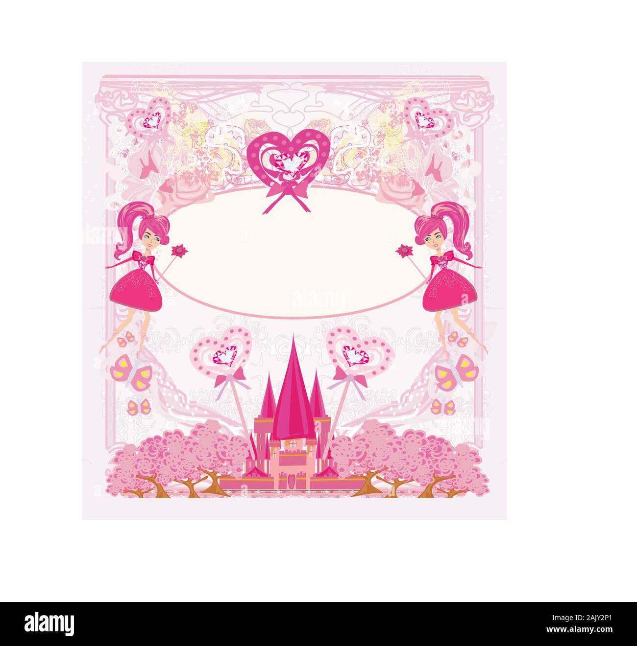 Fairytale frame with little fairies and pink castle Stock Vector Image ...