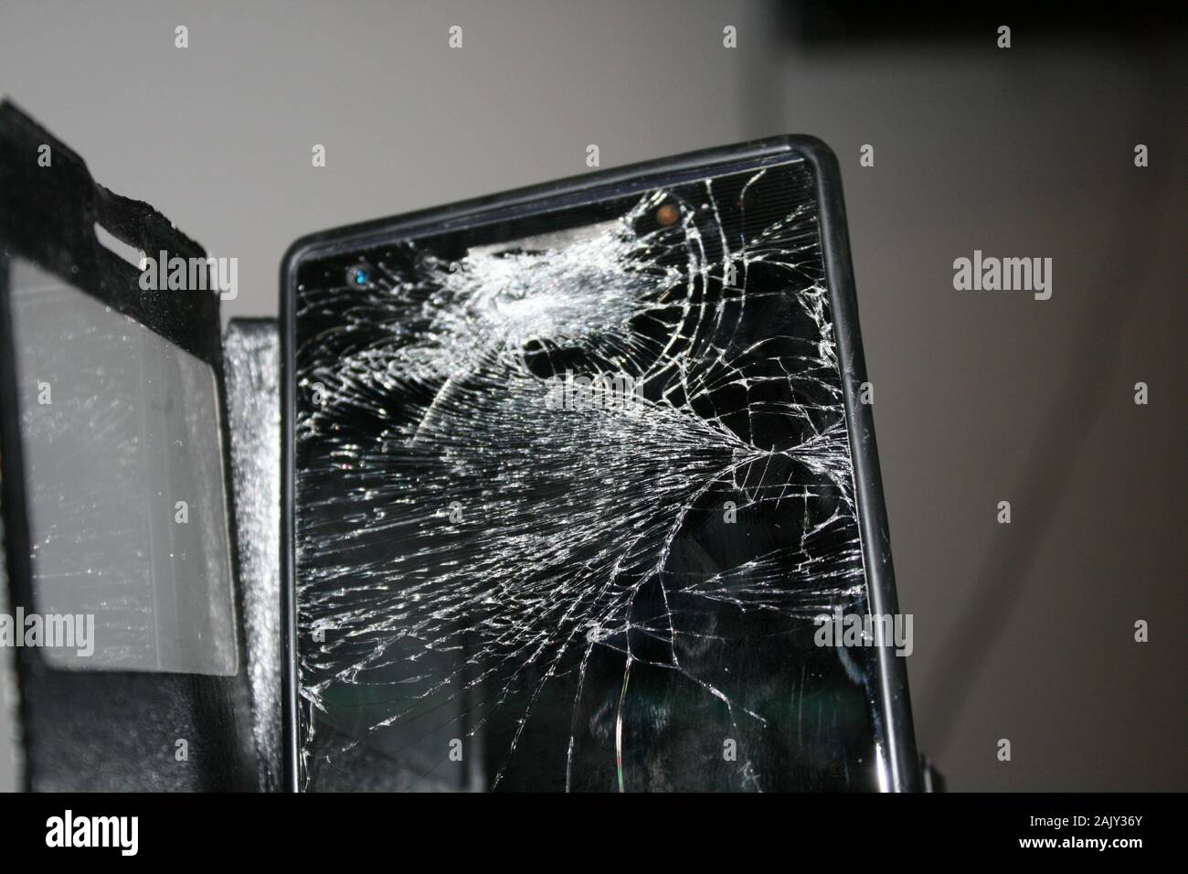 Broken phone screen close-up. Everyone's horror Stock Photo - Alamy