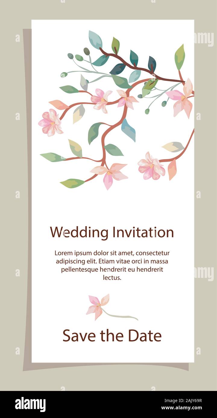 wedding invitation card with branches and flowers decoration Stock ...