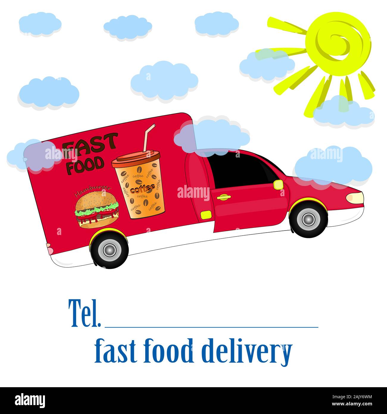 fast food delivery poster vector illustration. fast food car with ...