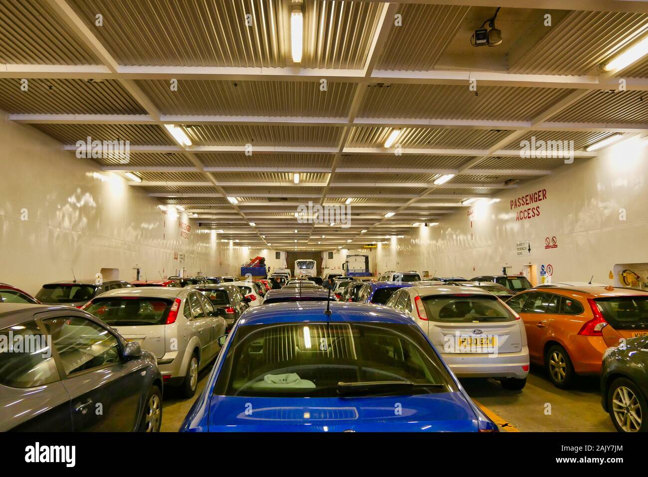 Cars on the car deck of a roll on / roll off car / freight ferry ...