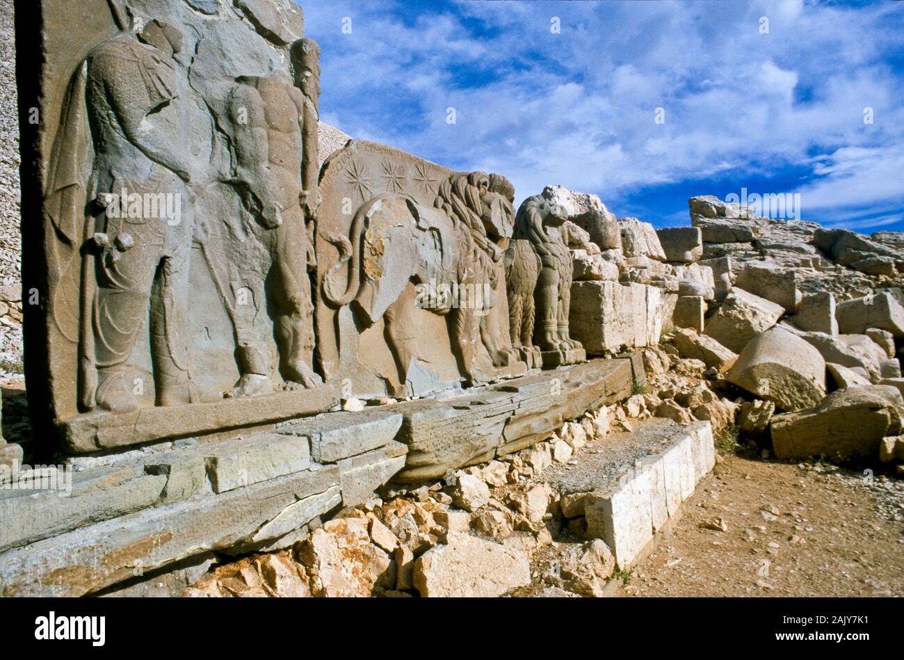 Nemrut Dagi, tomb-sanctuary of King Antiochus, flanked by huge statues ...