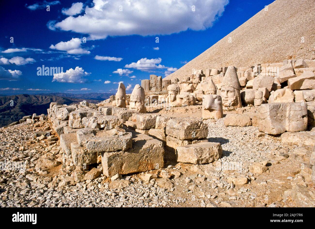 Nemrut Dagi, tomb-sanctuary of King Antiochus, flanked by huge statues ...