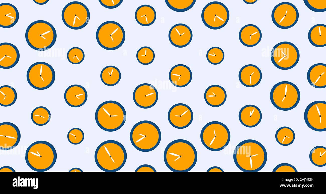 Abstract background of orange clocks with different. White hour and ...