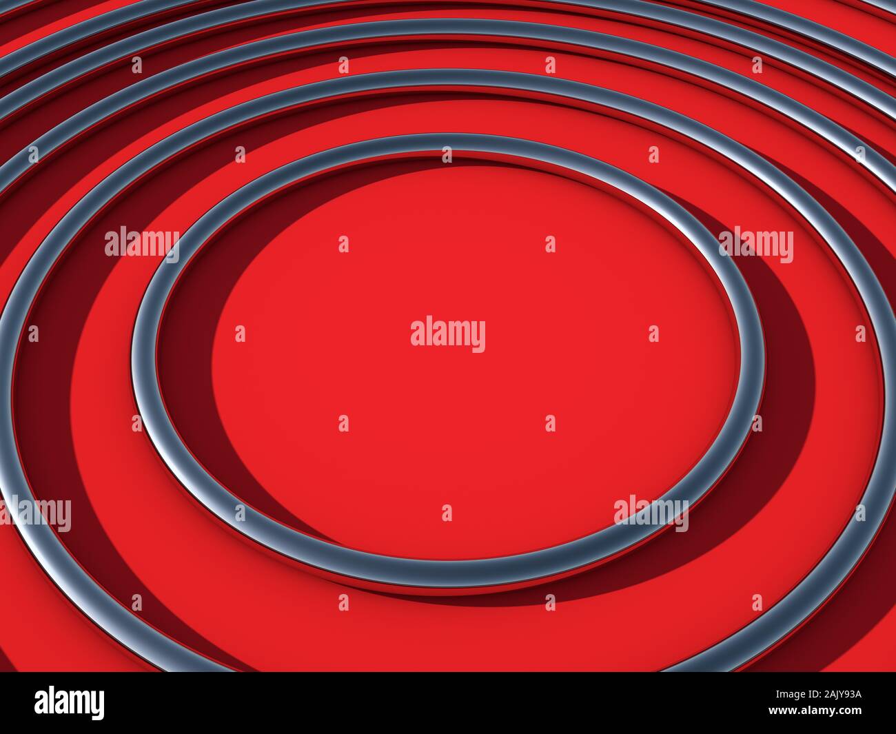 Abstract 3D render of shiny reflective metal rings focusing attention ...