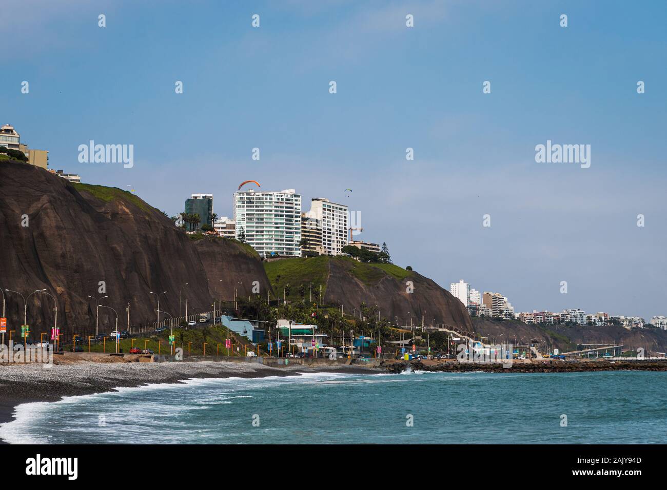 View of the coastal promenade of Lima in the dsitrict of Miraflores ...