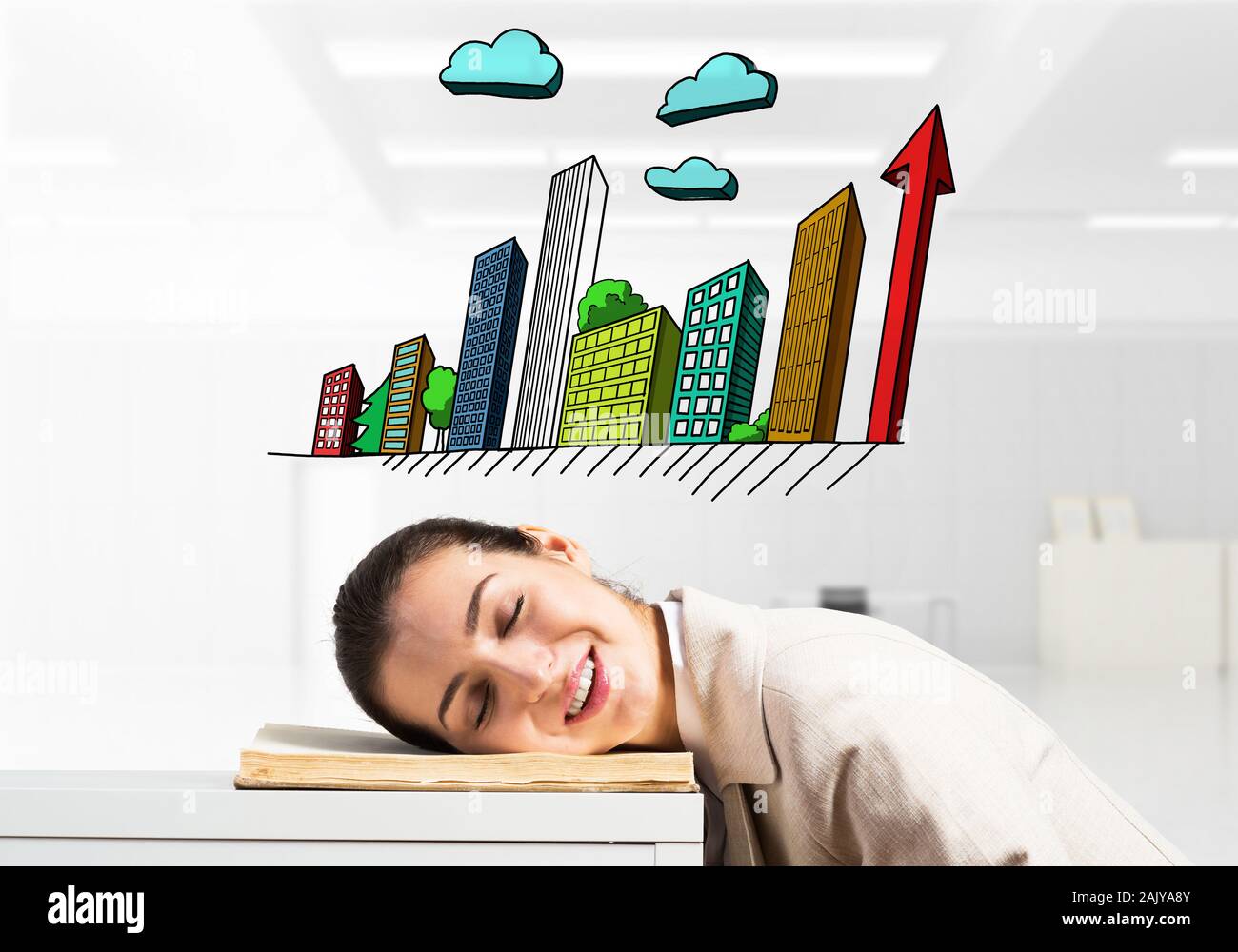 Happy business woman sleeping on workplace Stock Photo - Alamy