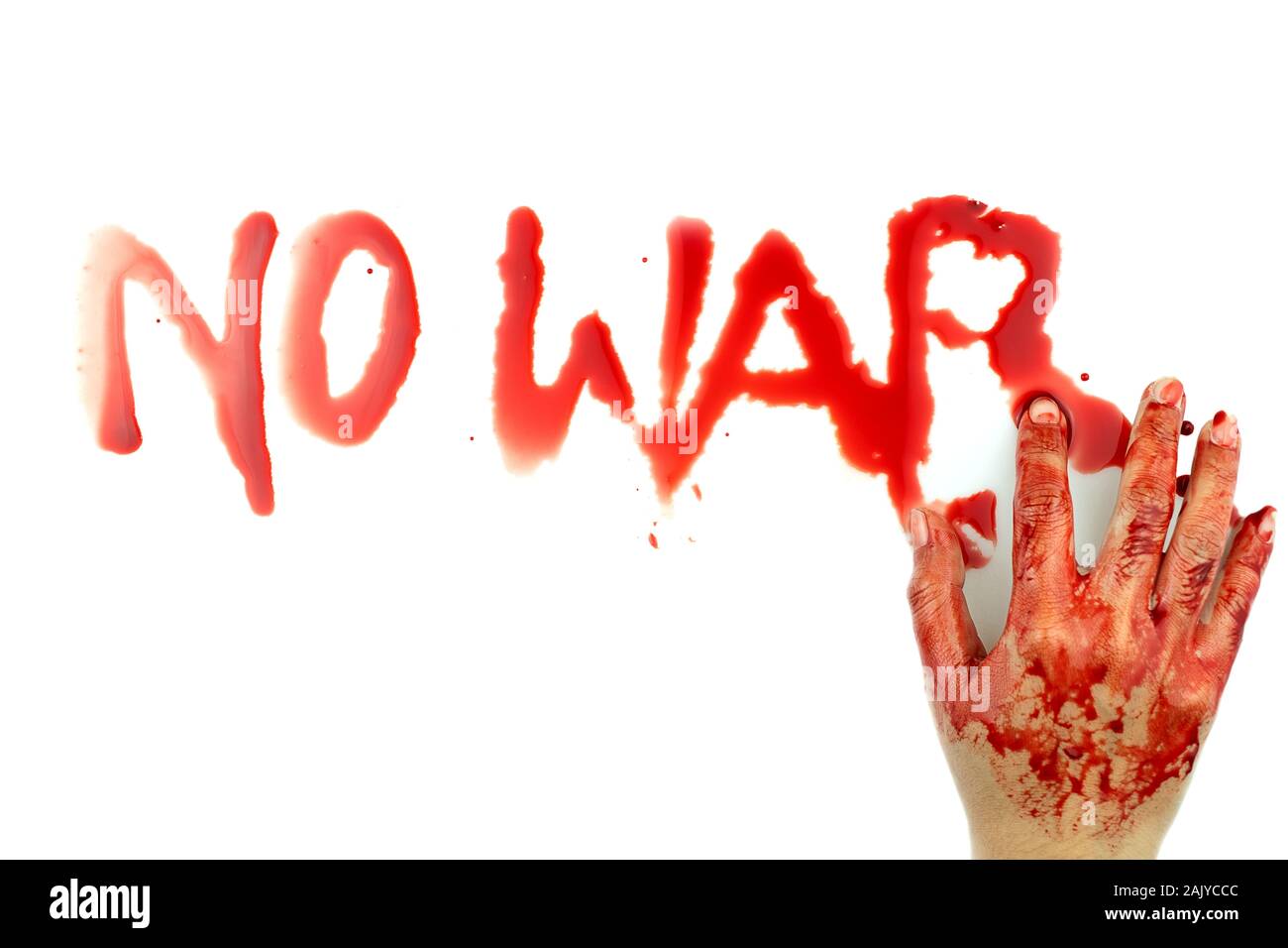 War word is written with finger bloody on a white background, blood ...