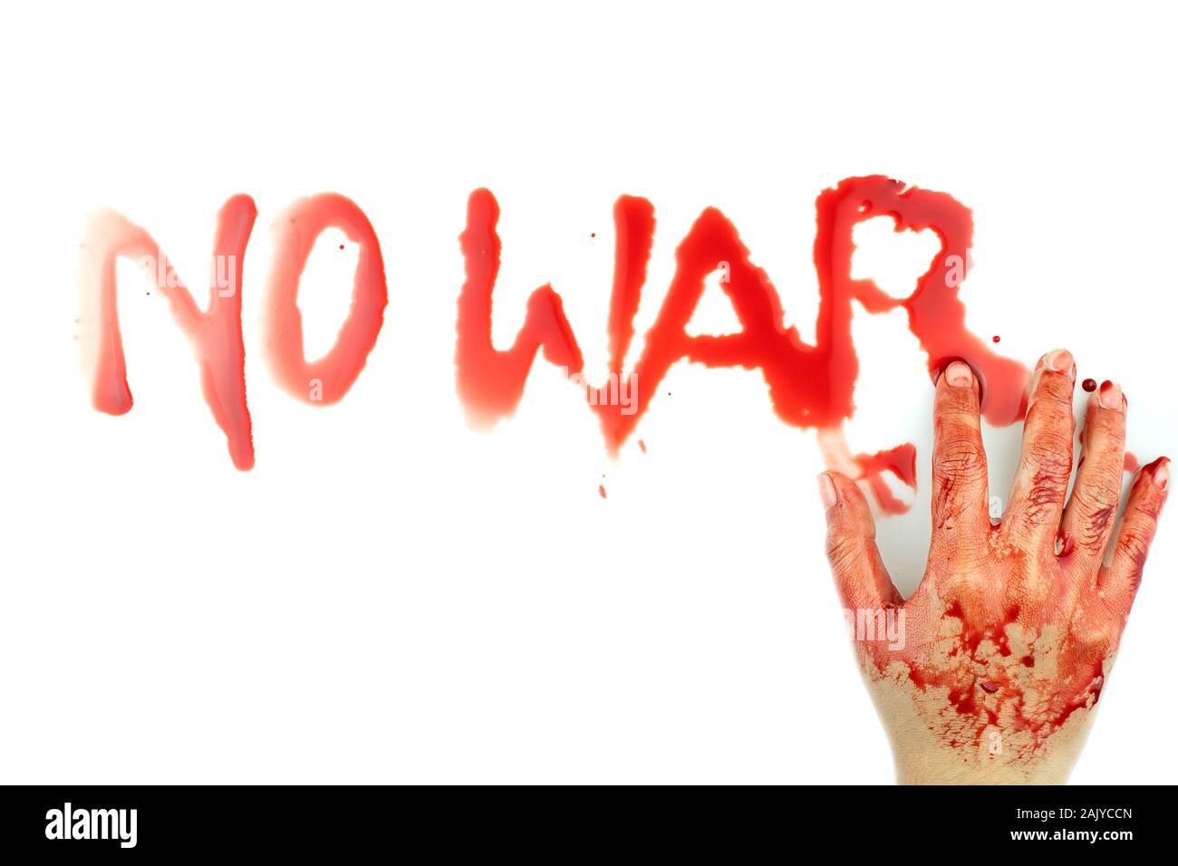 No war word is written with finger bloody on a white background, blood ...