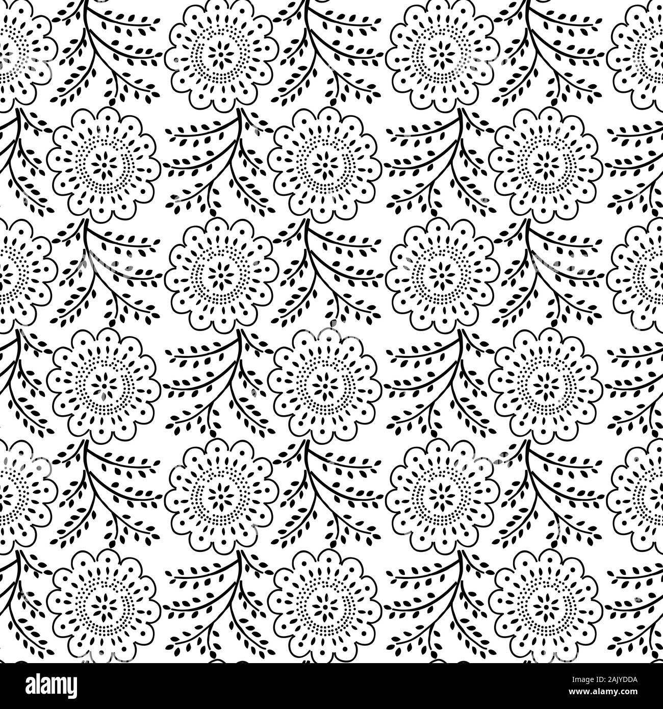 Seamless woodblock printed monochrome floral pattern. Traditional ...