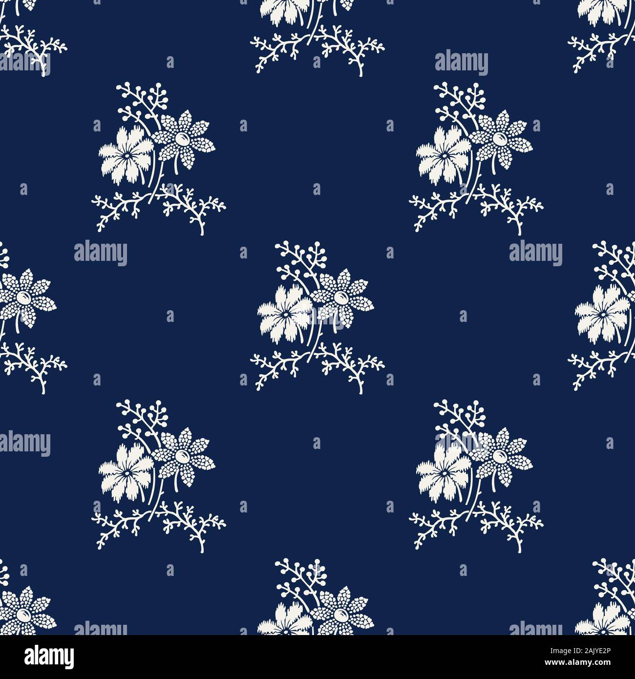 Woodblock printed indigo dye seamless floral pattern. Vector ethnic ...