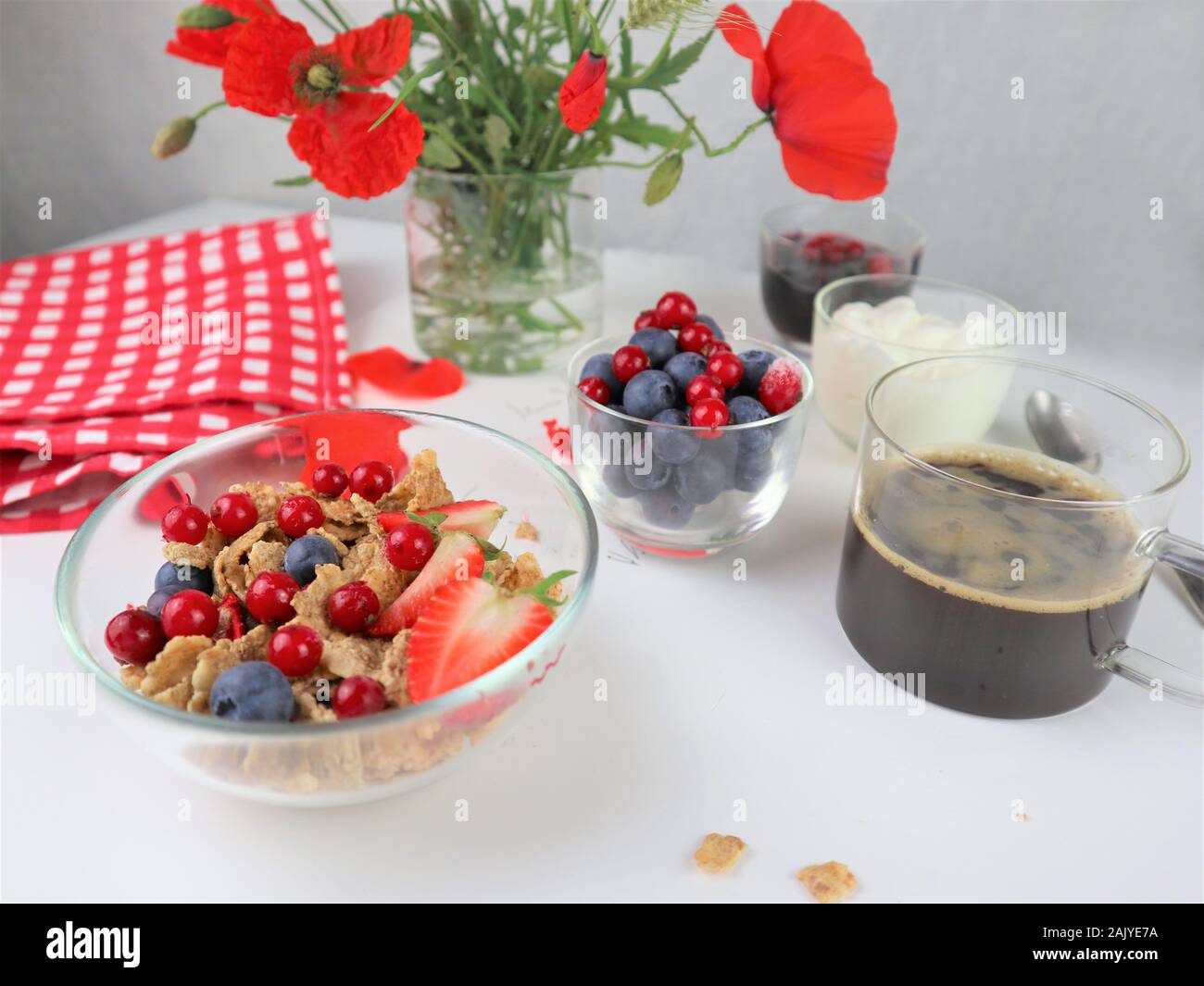 Breakfast served with coffee, cereals and fruits. Balanced diet Stock ...