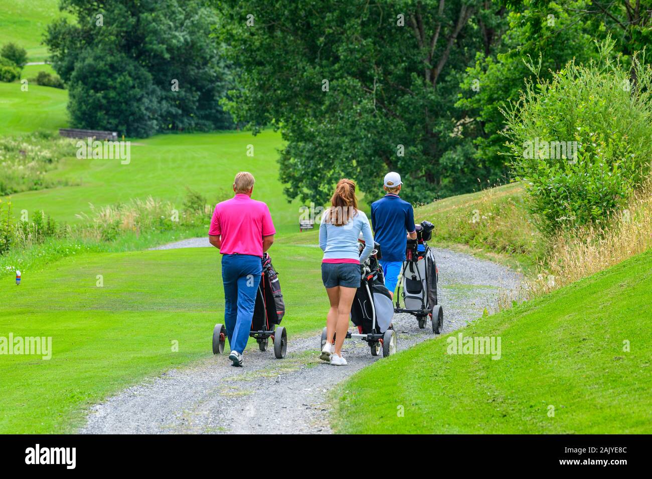 Golf as a family sport - family flight playing a parkland course Stock ...