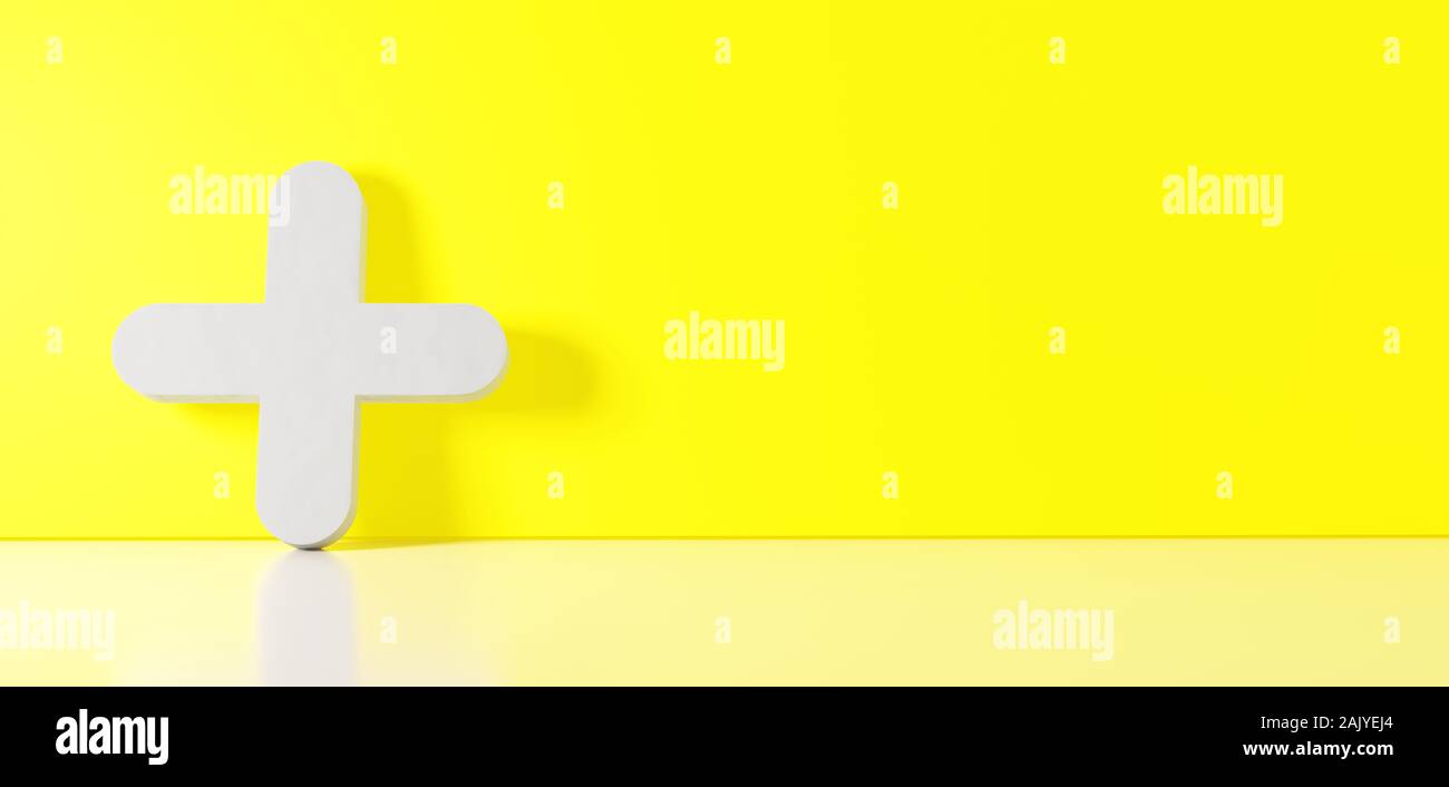 3D rendering of white symbol of plus with rounded corner icon leaning ...