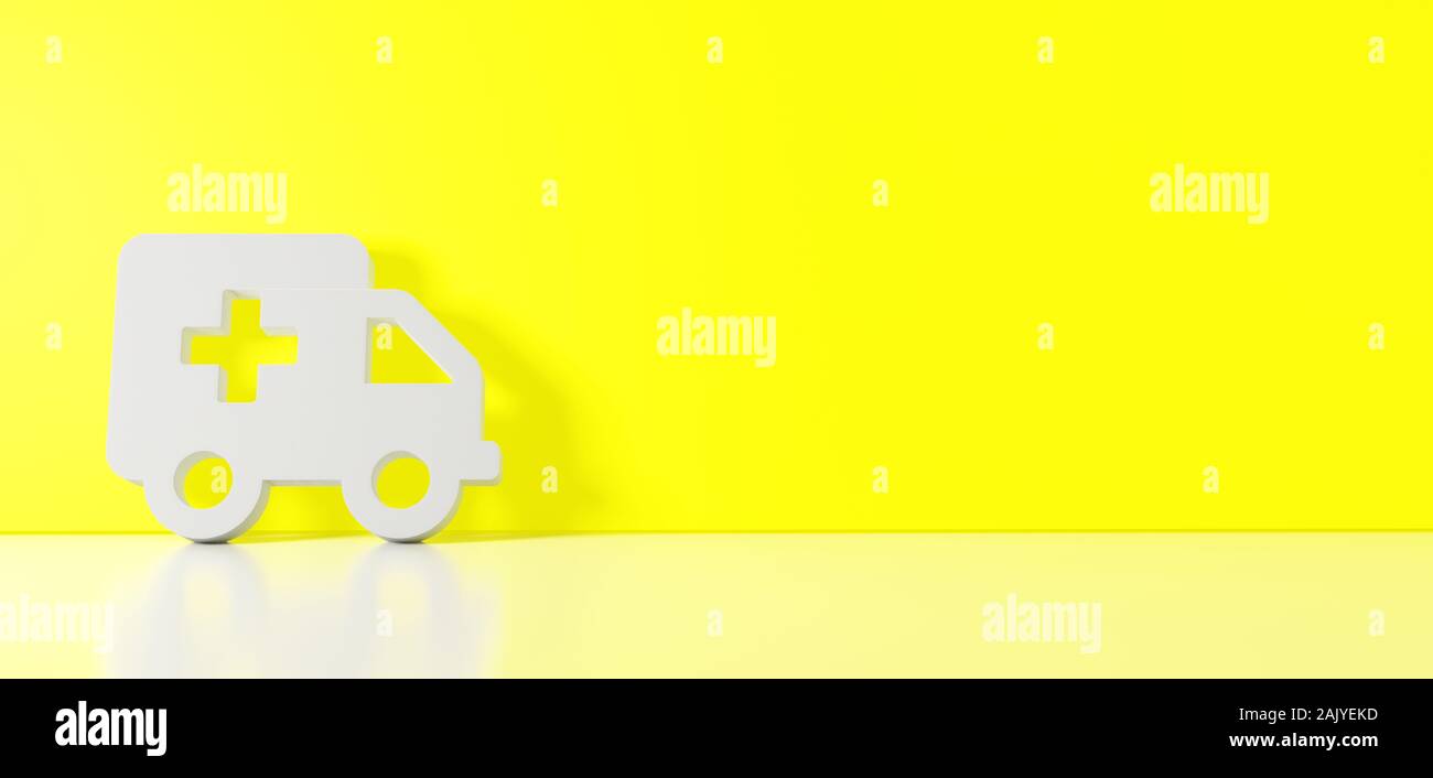 3D rendering of white symbol of ambulance icon leaning on on color wall ...