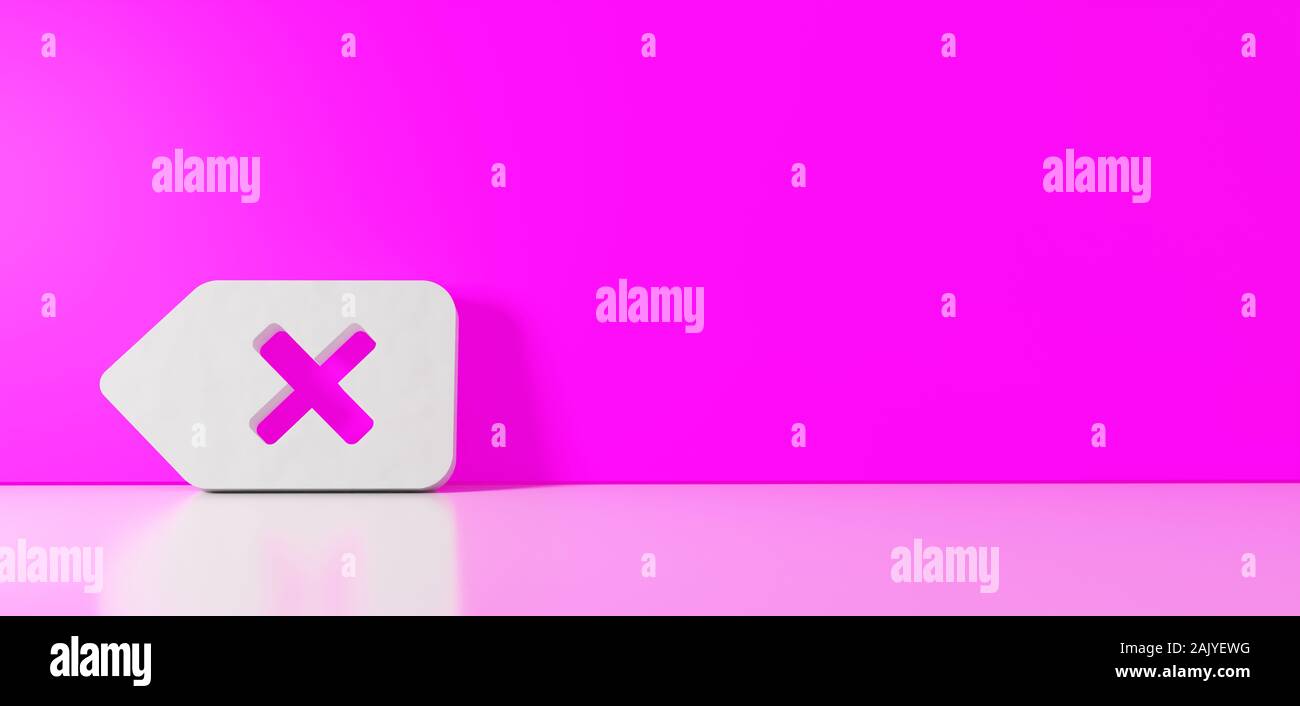 3D rendering of white symbol of backspace button with cross icon ...