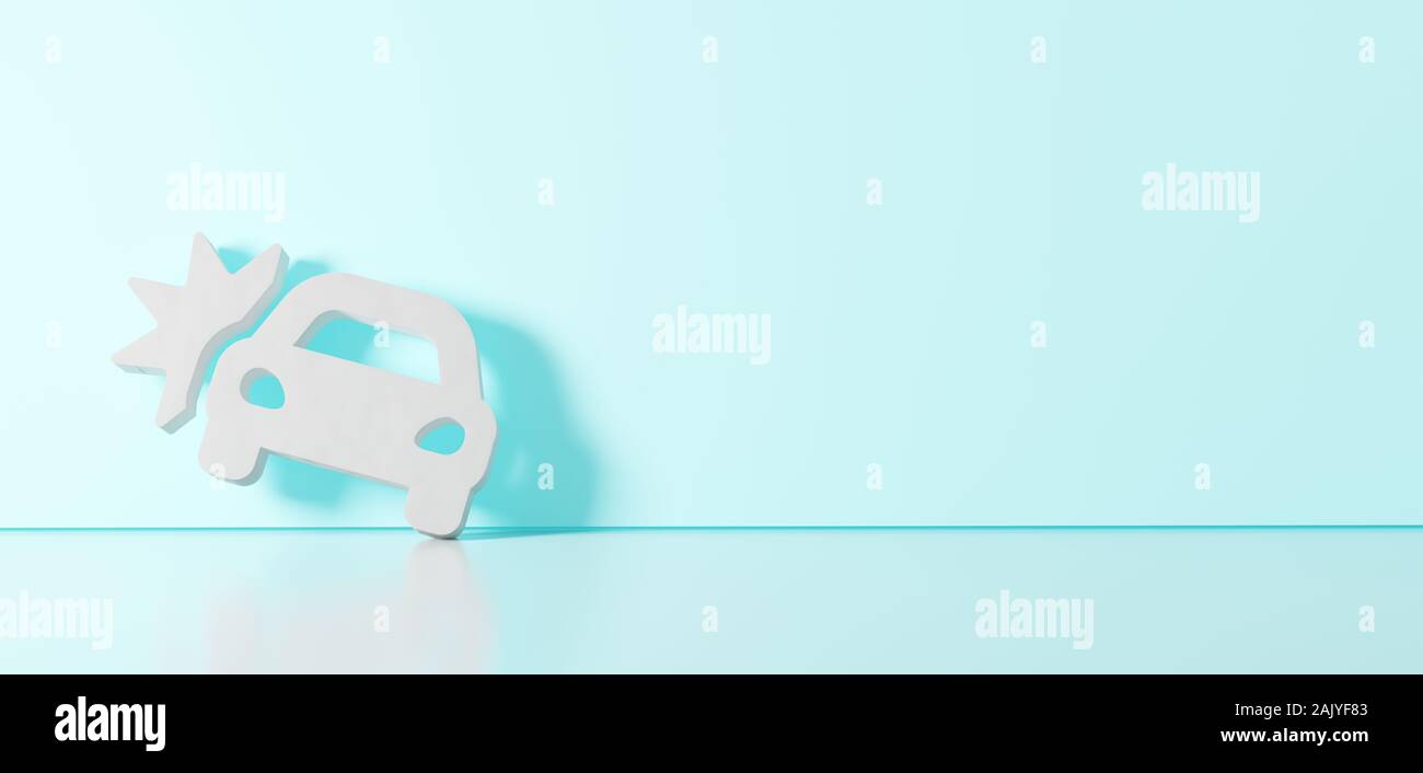 3D rendering of white symbol of car crash icon leaning on on color wall ...
