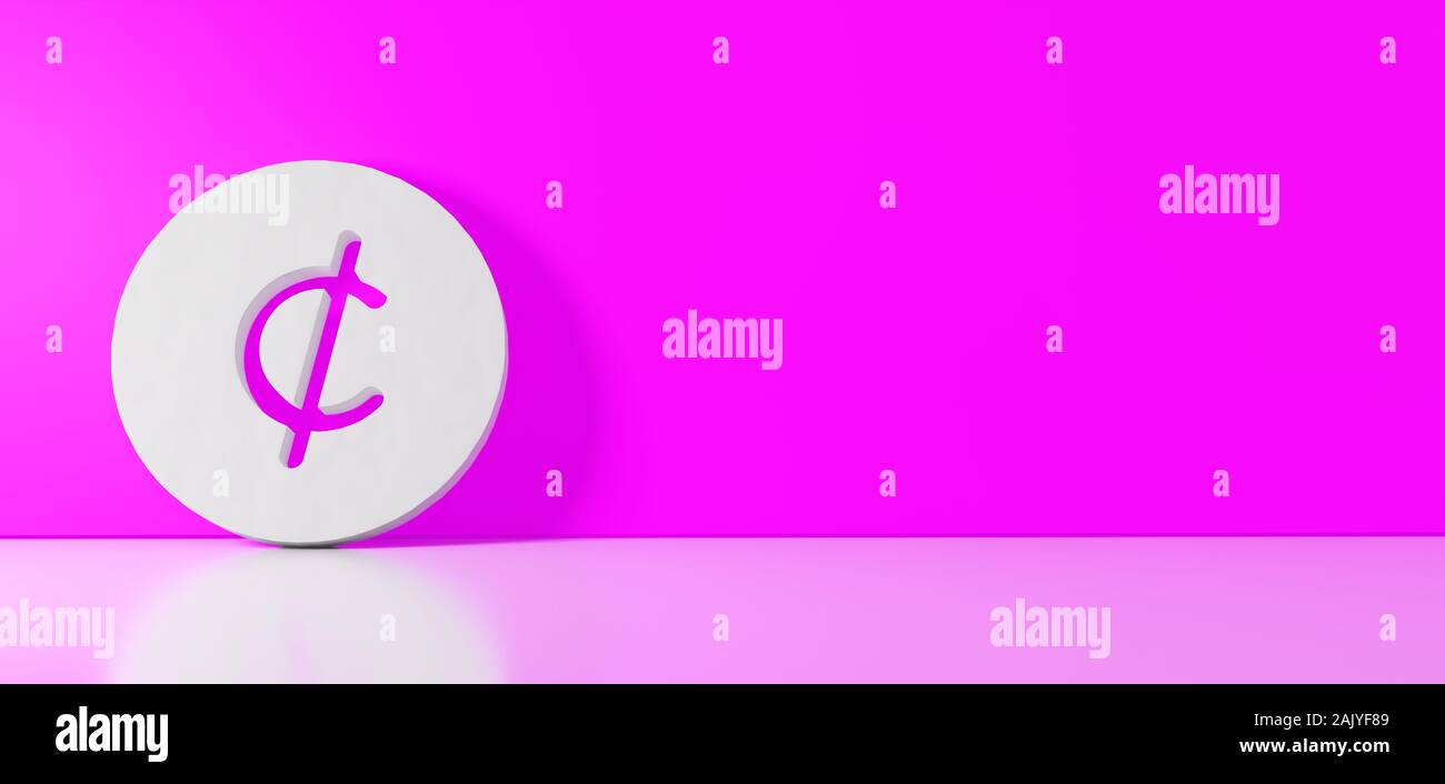 3D rendering of white symbol of cent icon leaning on on color wall with ...