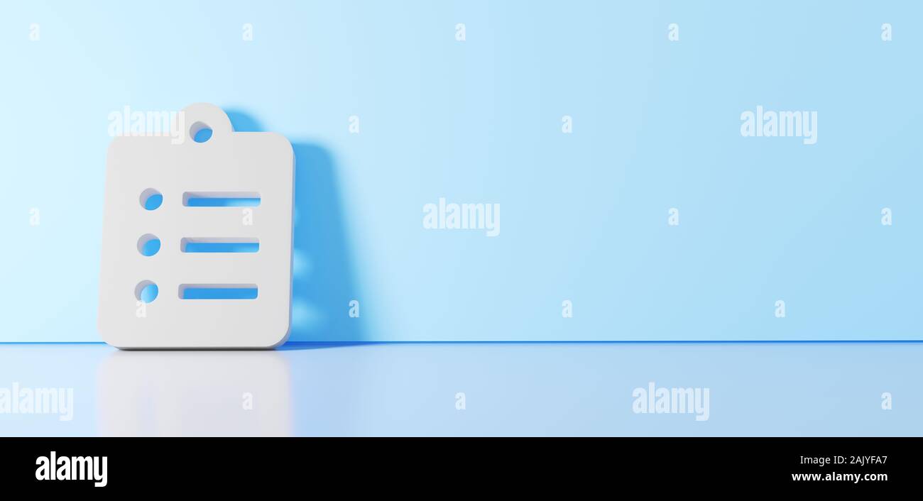 3D rendering of white symbol of clipboard list with three lines icon ...