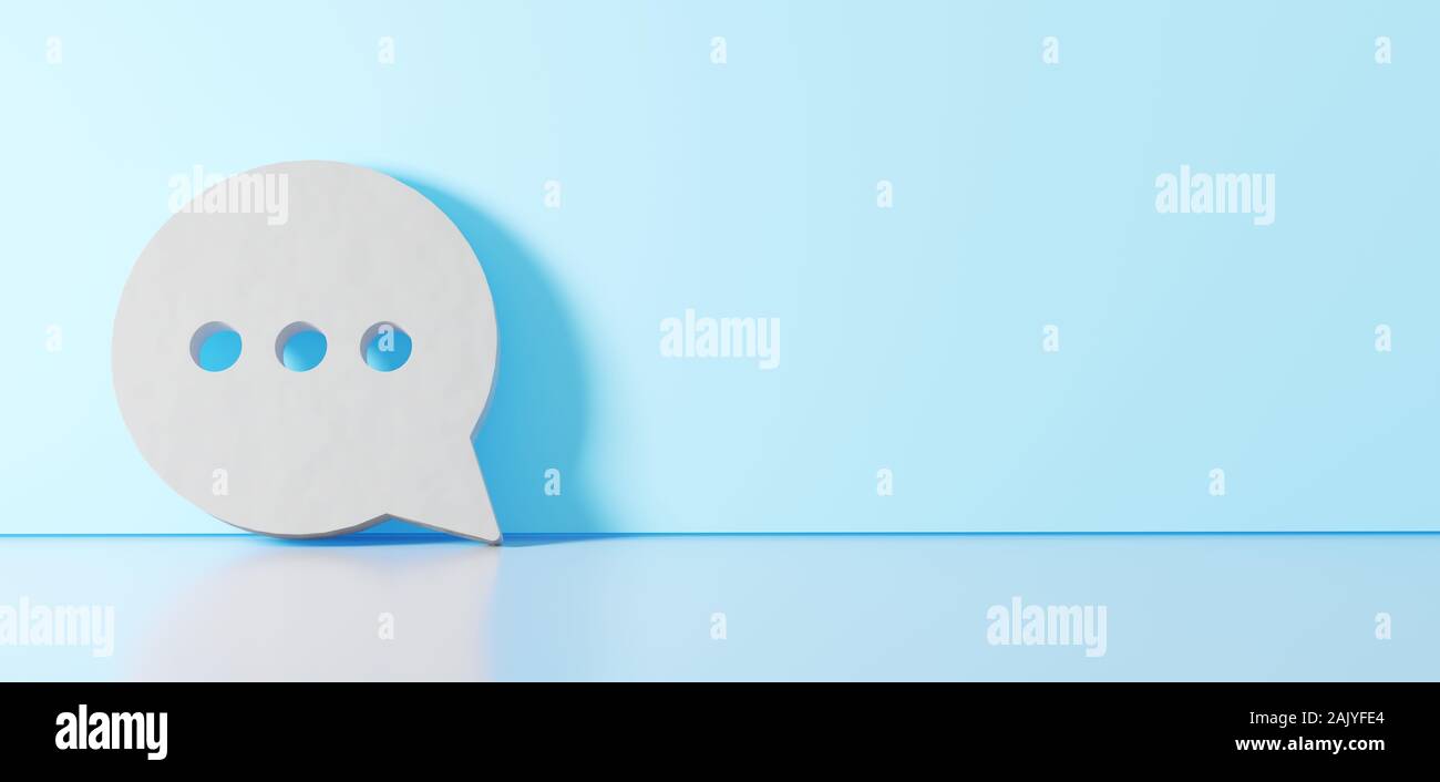 3D rendering of white symbol of rectangular rounded chat bubble with ...