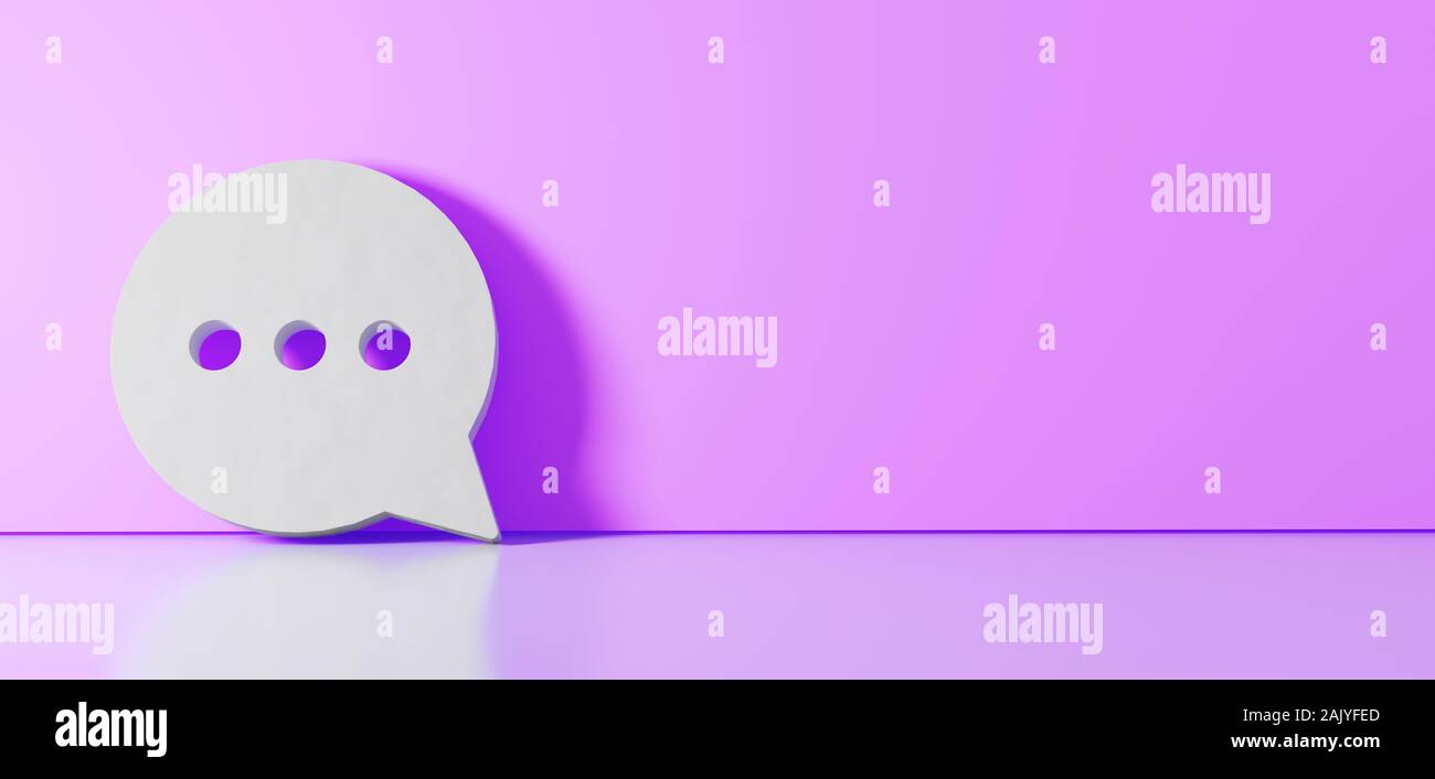 3D rendering of white symbol of rectangular rounded chat bubble with ...