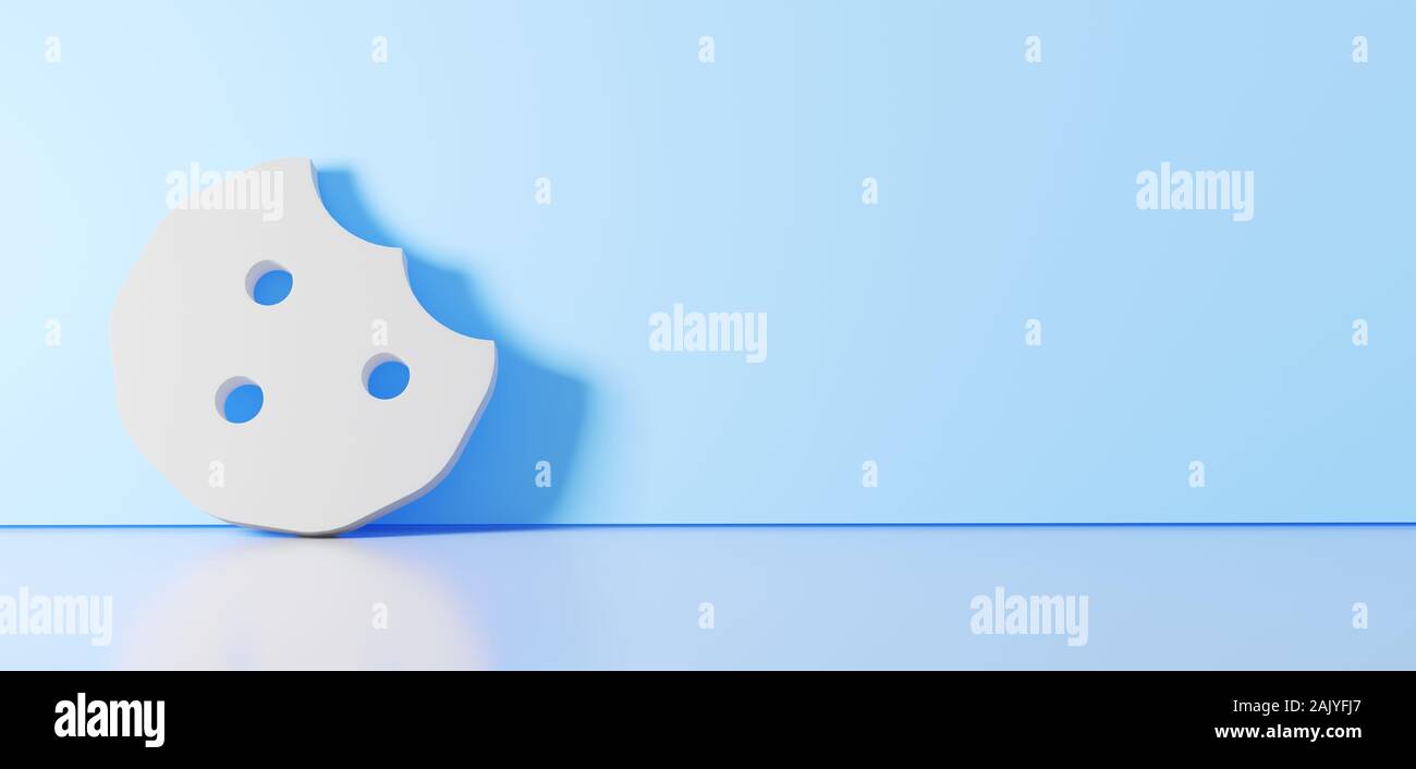 3D rendering of white symbol of cookie with bite icon leaning on on ...