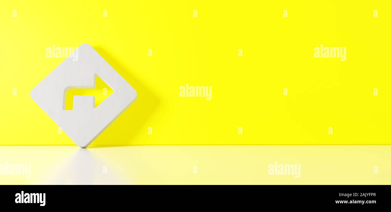 3D rendering of white symbol of lozenge traffic sign with right arrow ...