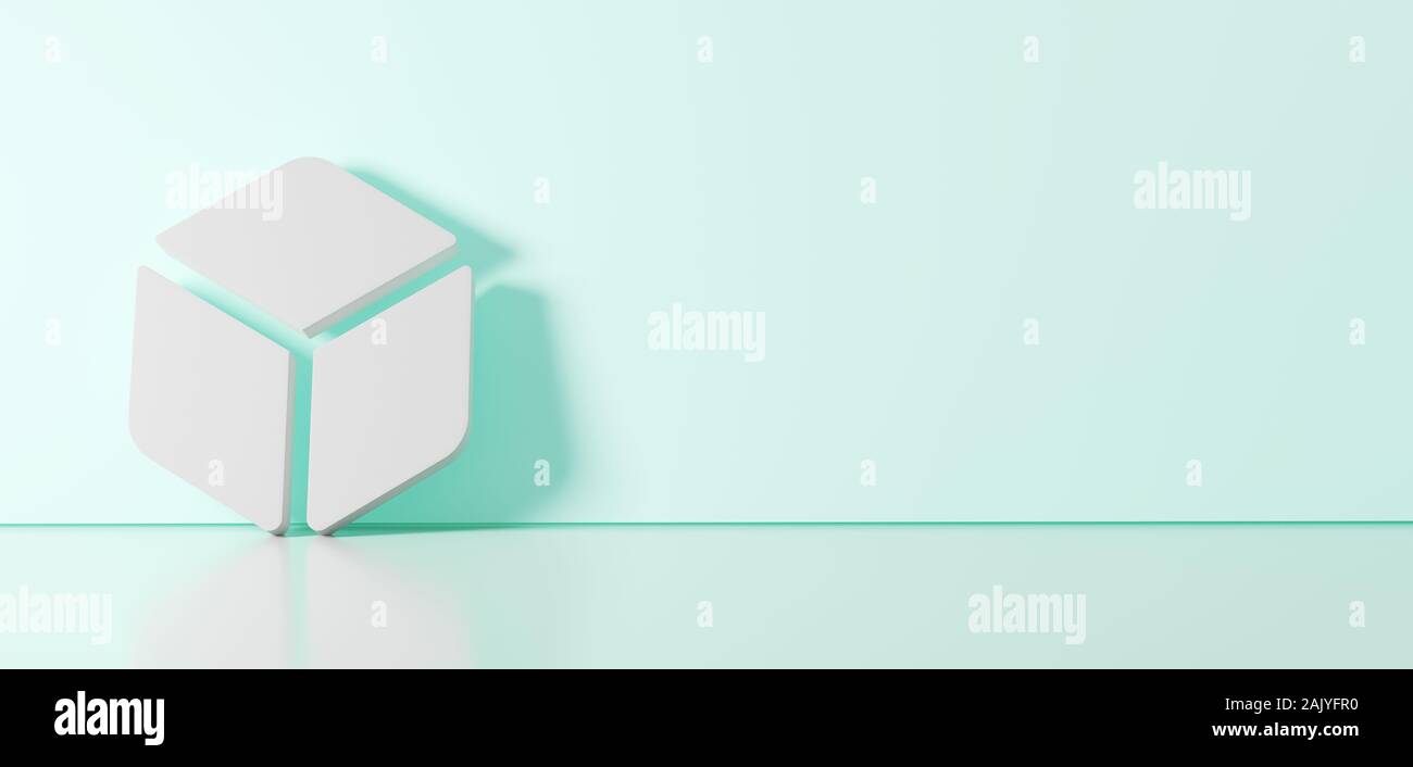 3D rendering of white symbol of cube icon leaning on on color wall with ...
