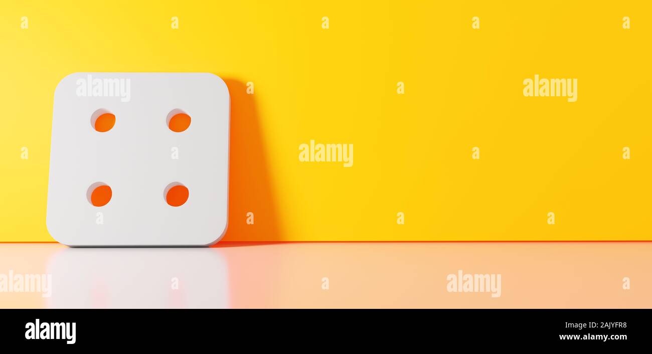 3D rendering of white symbol of dice with four dots icon leaning on on ...