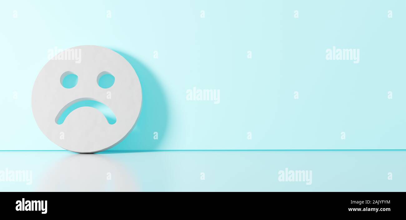3D rendering of white symbol of sad emoticon icon leaning on on color ...