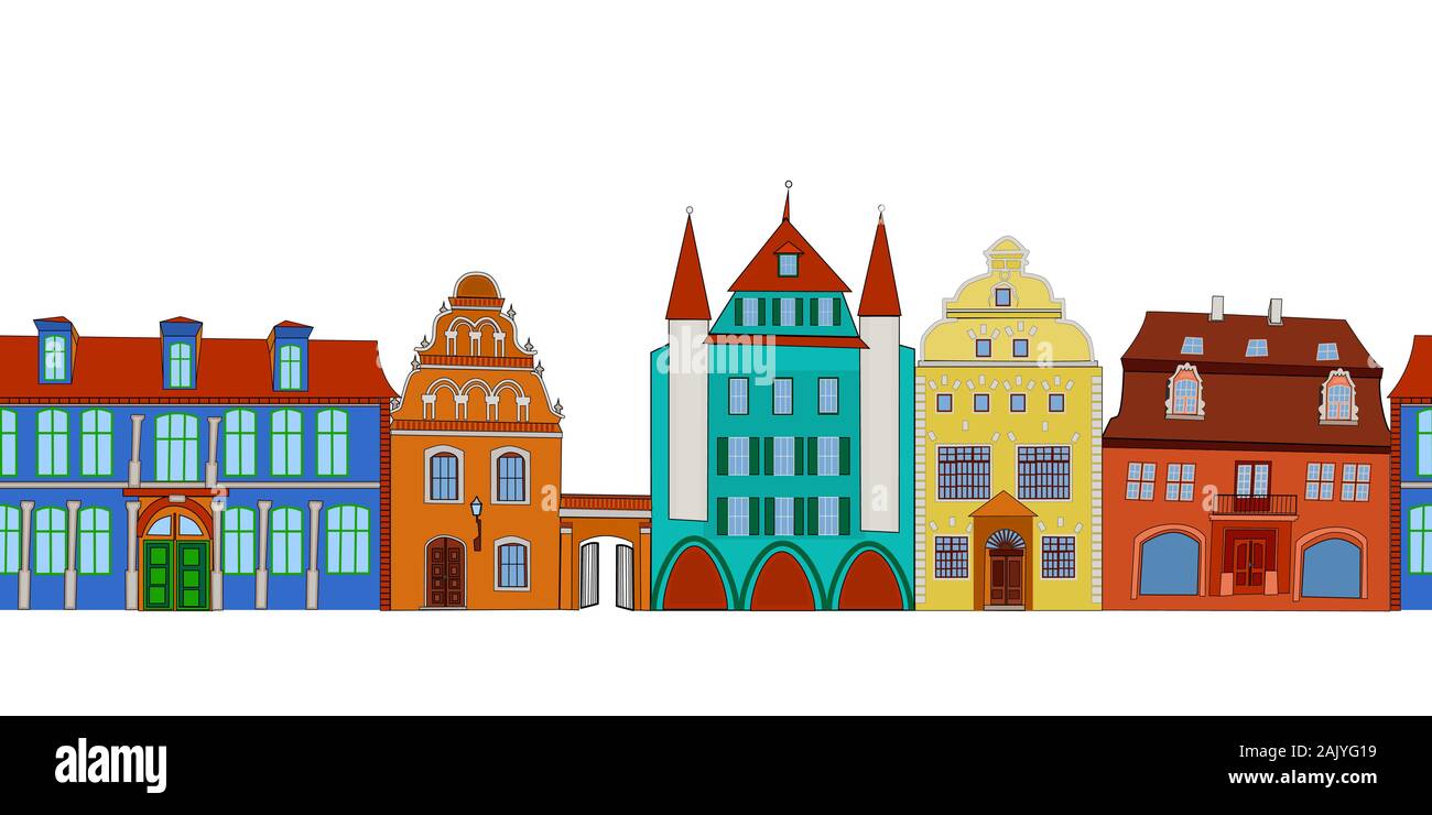 Seamless row pattern of houses isolated on white background. Street ...