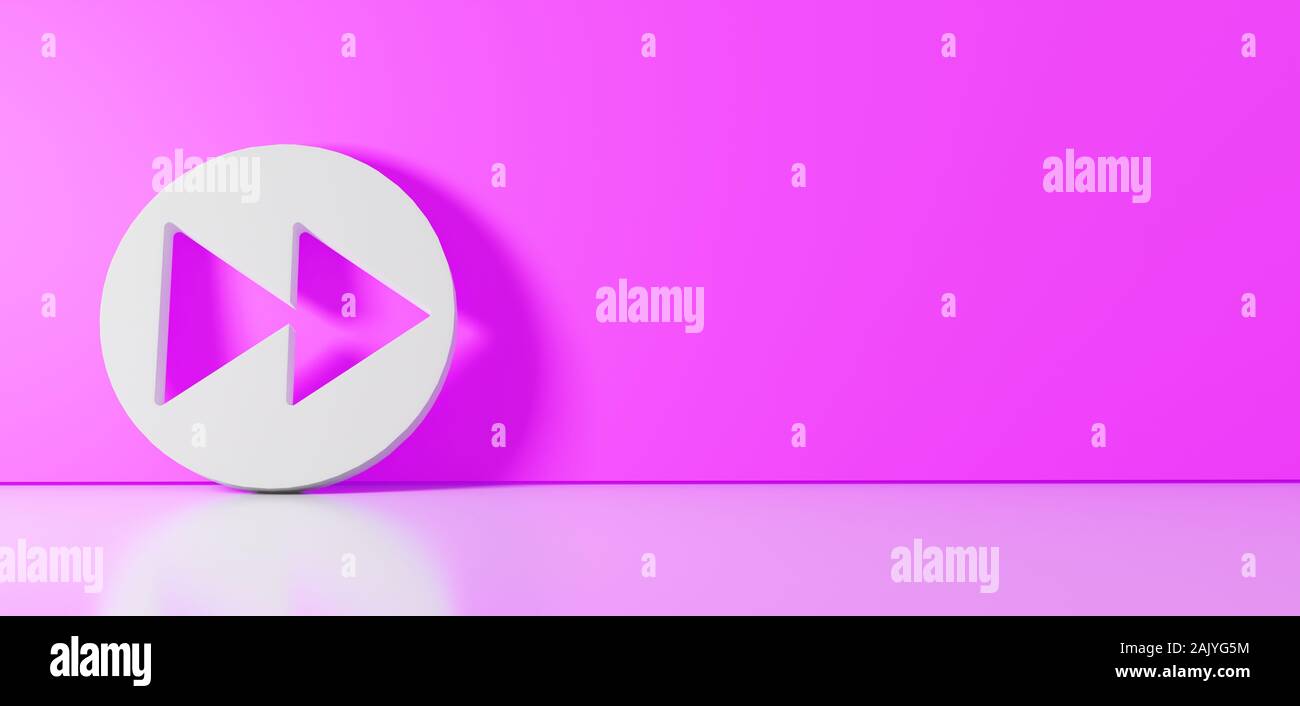 3D rendering of white symbol of fast forward in circle icon leaning on ...