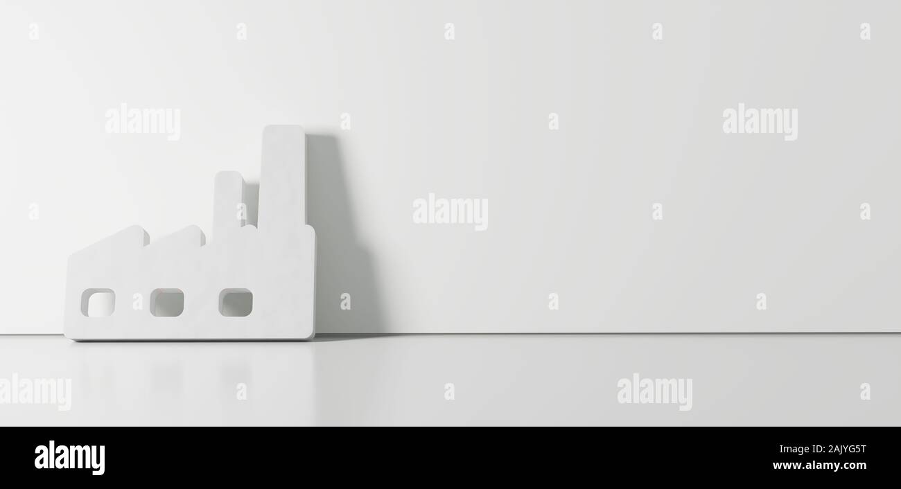 3D rendering of white symbol of factory building icon leaning on on ...
