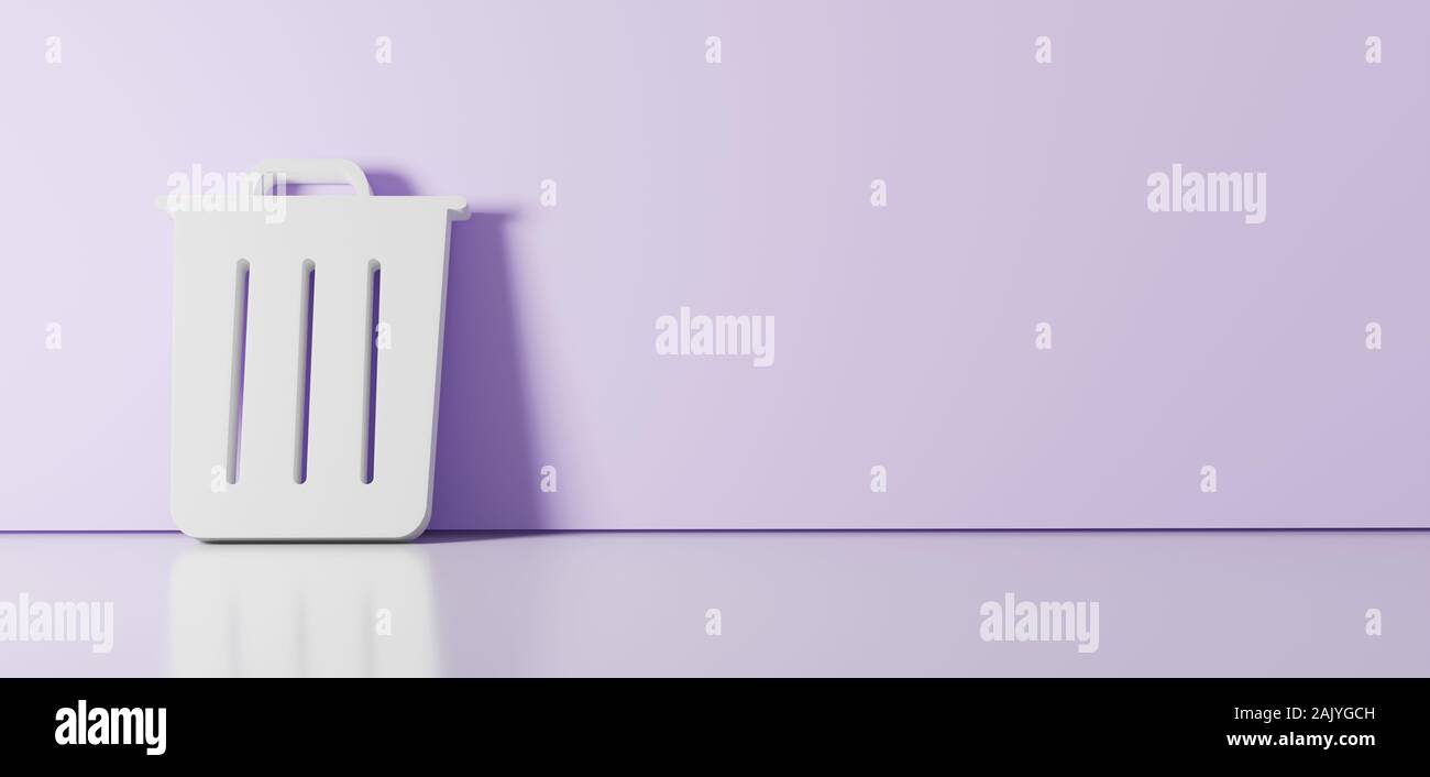 3D rendering of white symbol of bin with lid icon leaning on on color ...