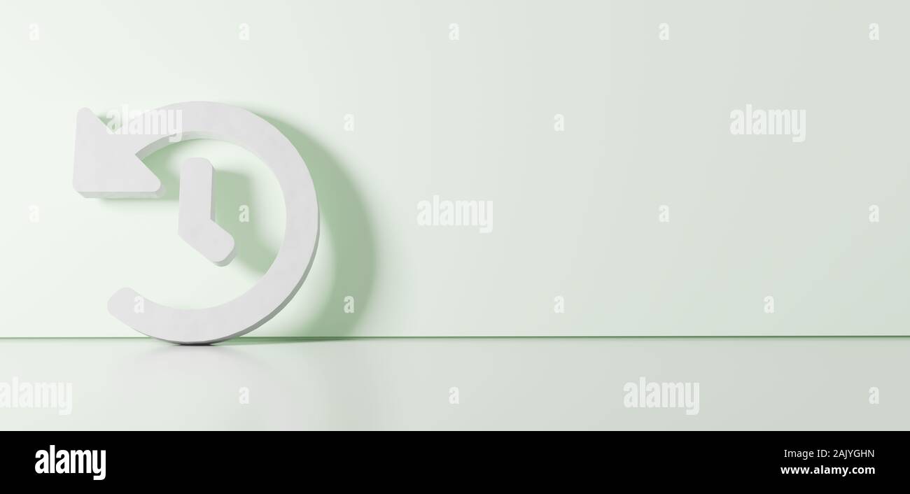 3D rendering of white symbol of clock with counterclockwise arrow icon ...