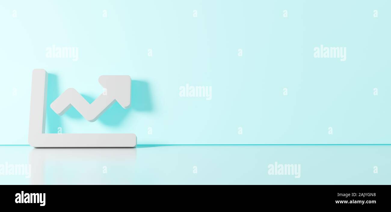 3D rendering of white symbol of chart with arrow icon leaning on on ...