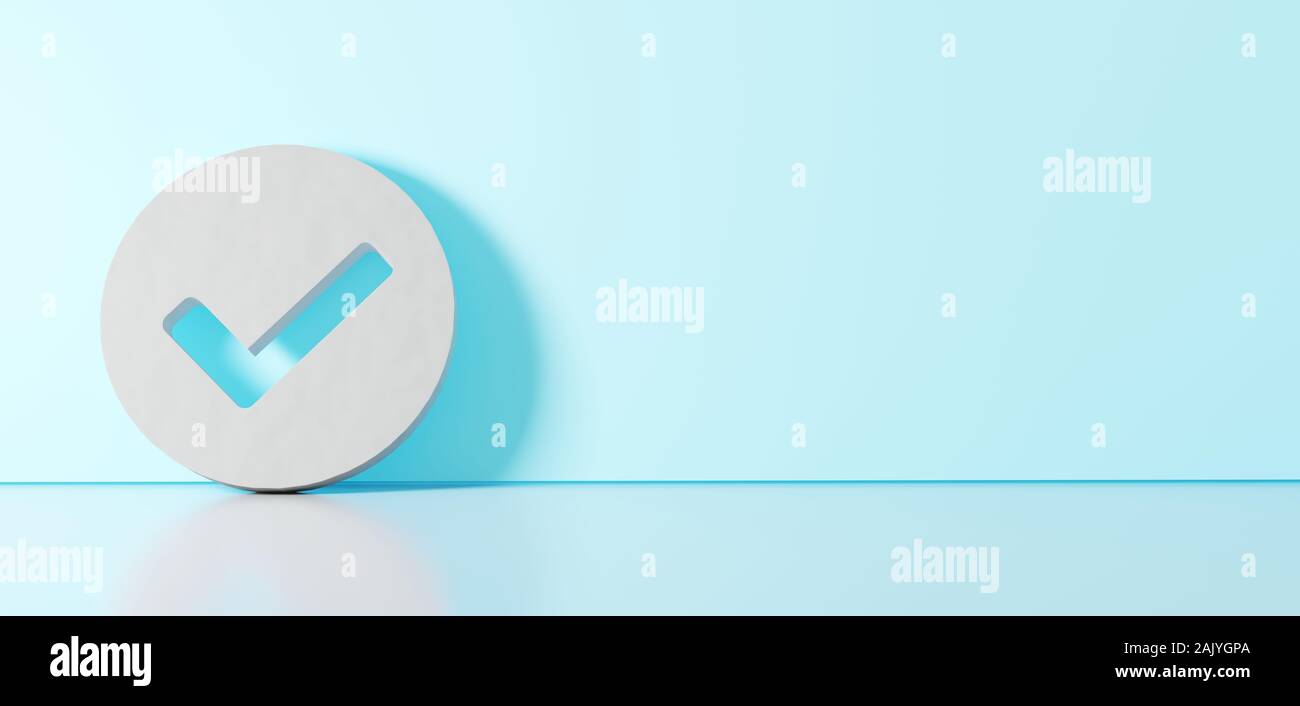 3D rendering of white symbol of check mark in circle icon leaning on on ...
