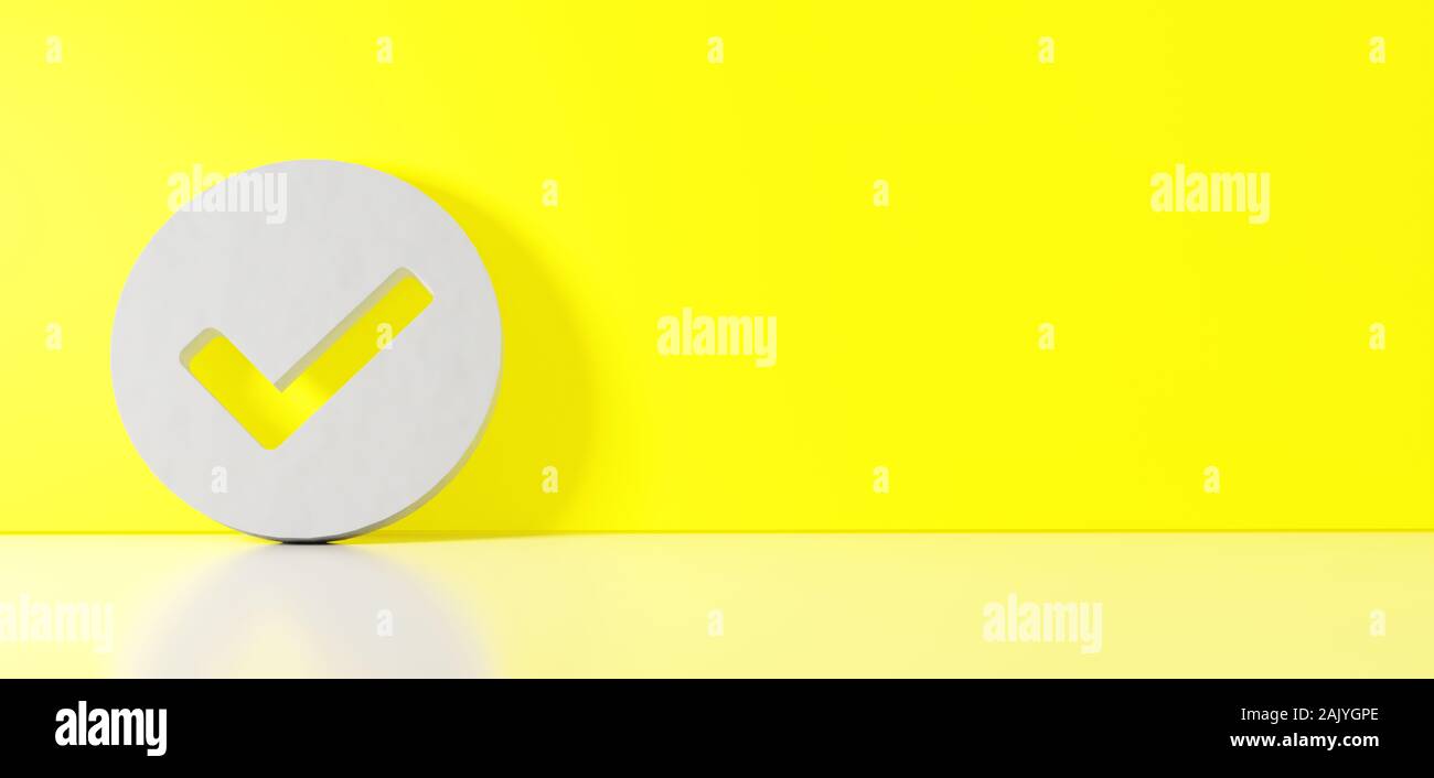 3D rendering of white symbol of check mark in circle icon leaning on on ...