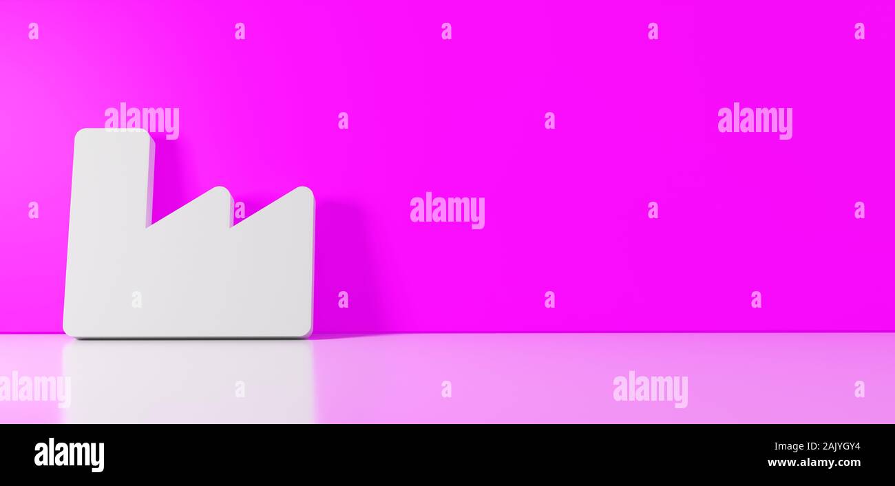 3D rendering of white symbol of factory building icon leaning on on ...