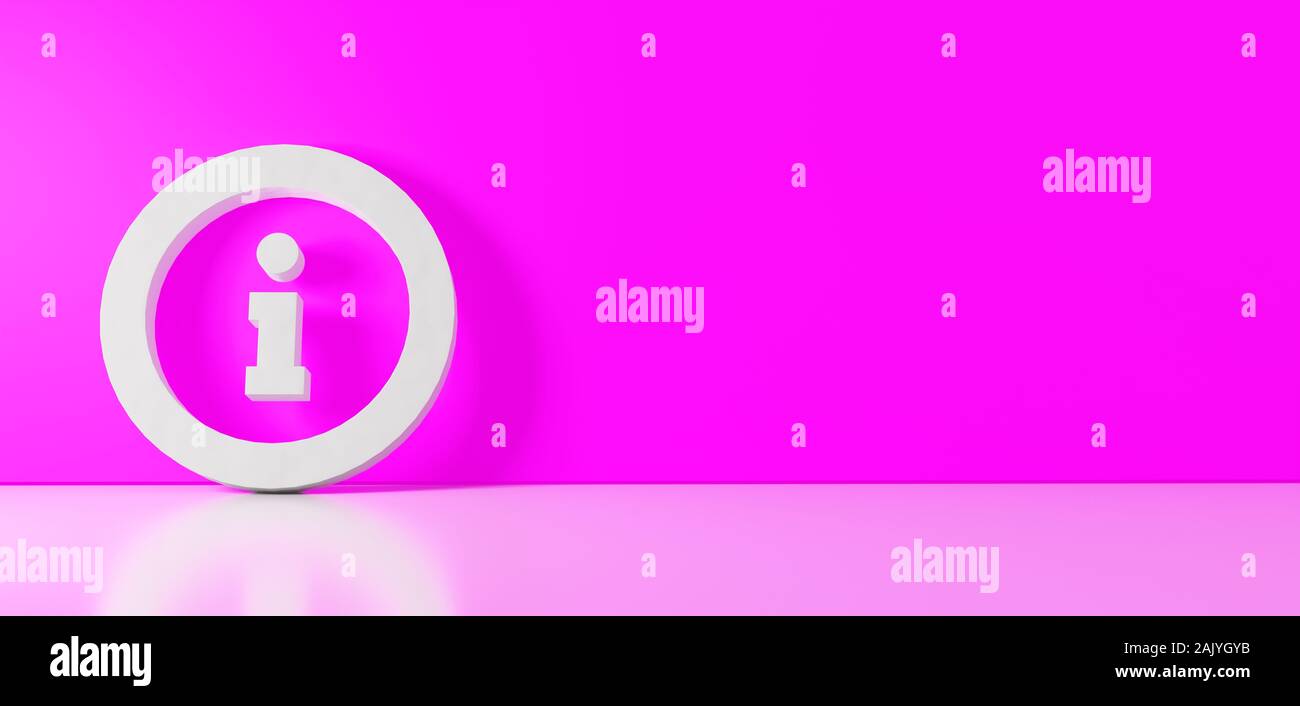 3D rendering of white symbol of information sign in circle icon leaning ...